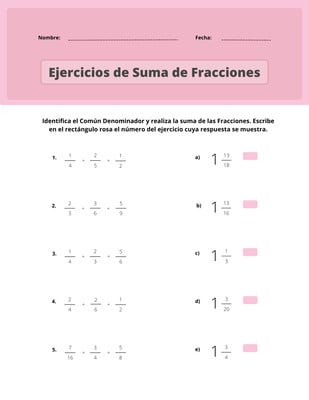 Hoja De Trabajo Sobre Sumar Y Restar Fracciones