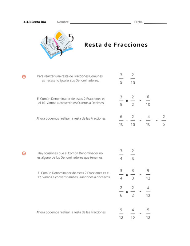 Hoja De Trabajo Para Restar Fracciones