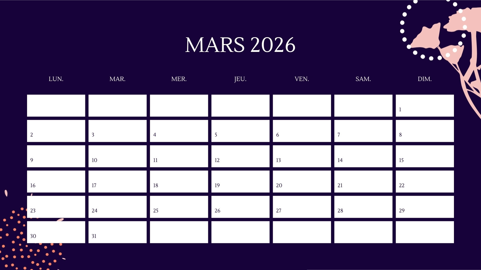 Calendrier de mars 2026 : modèles gratuits à imprimer | Canva