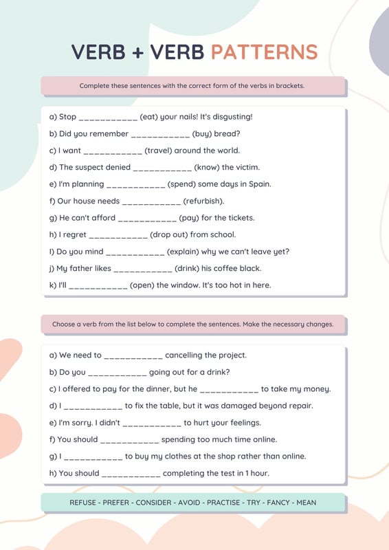 Verb Pattern Worksheets Auxiliary Verbs Worksheets