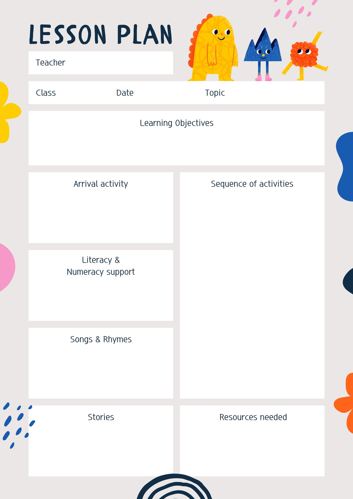 Free to print preschool weekly lesson plan templates | Canva