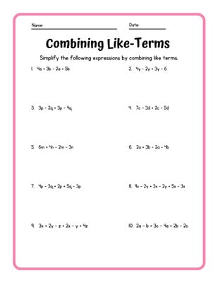 Worksheets On Combining Like Terms