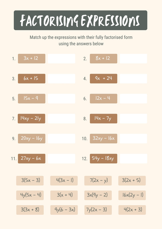 Factorising Expressions Worksheets