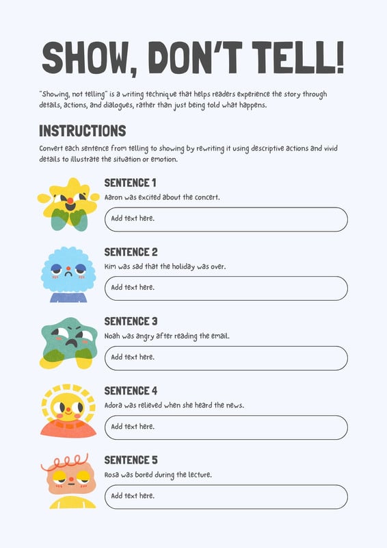 Show Don T Tell Worksheet Show Don't Tell Worksheet – CfE Teaching