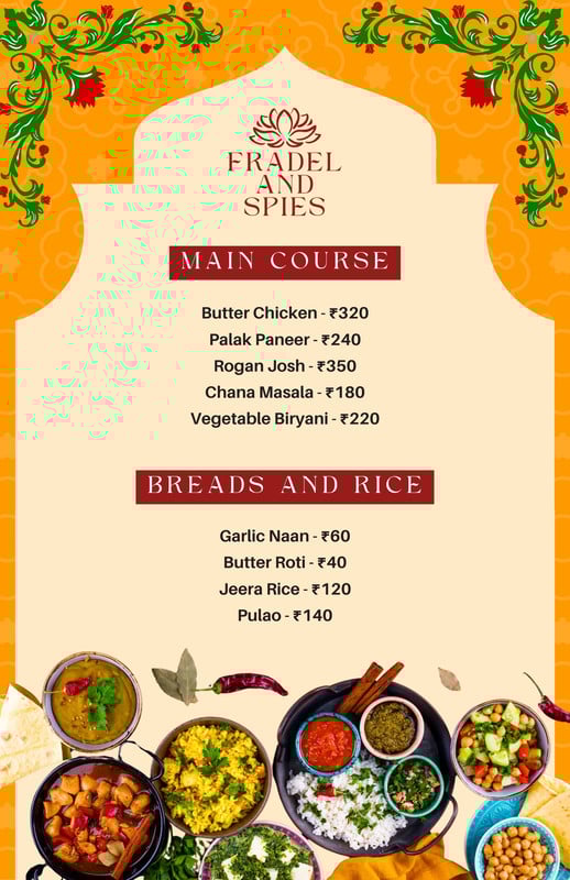 Indian Breakfast Menu Card Floral Indian Cuisine Menu