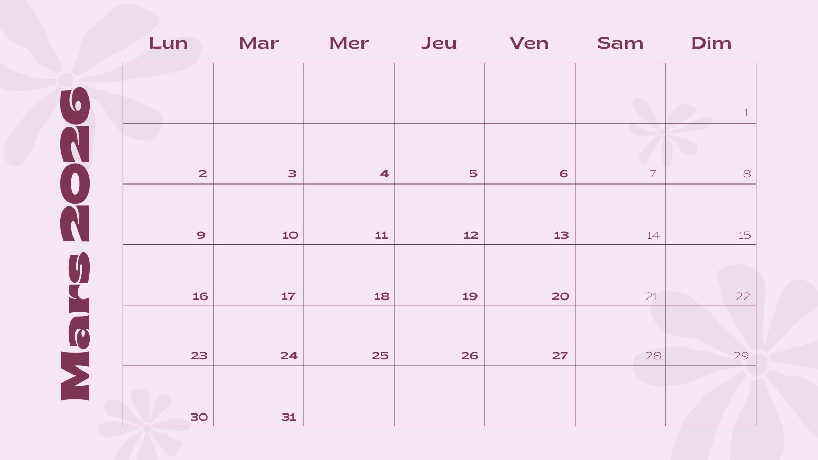Calendrier de mars 2026 : modèles gratuits à imprimer | Canva